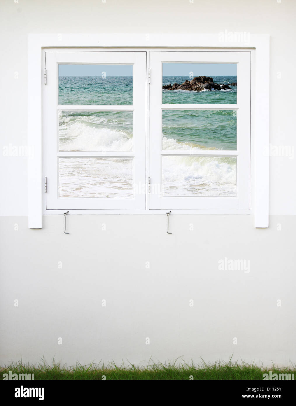 white wooden window with sea view Stock Photo - Alamy