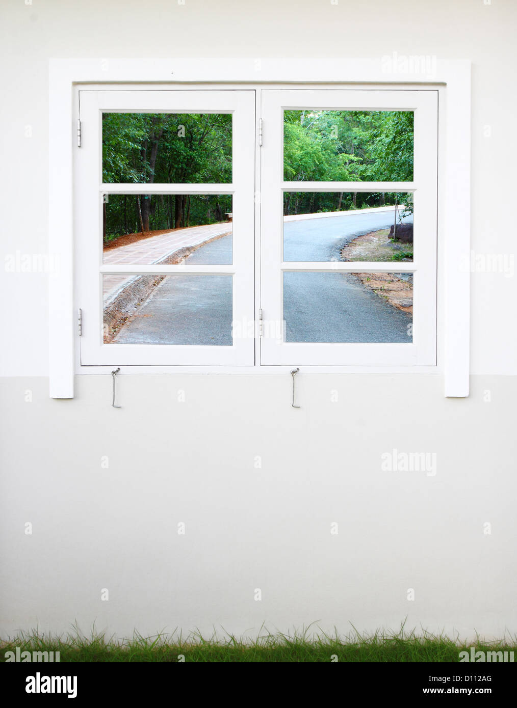 white wooden window with right curve road view Stock Photo - Alamy