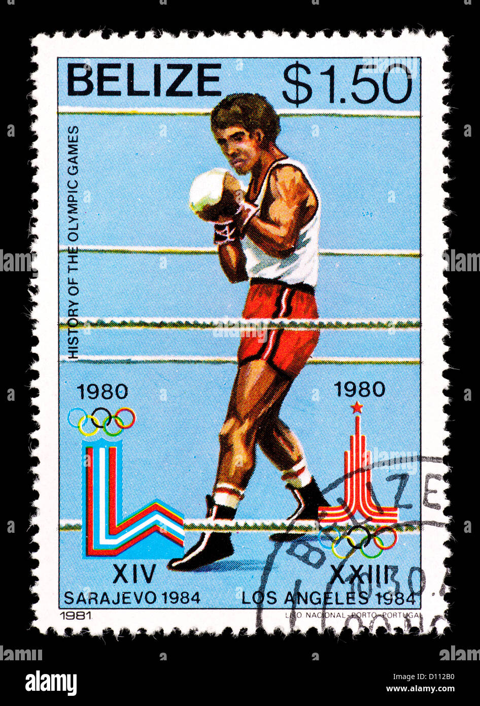Postage stamp from Belize depicting a boxer, issued for the 1984 Winter ...