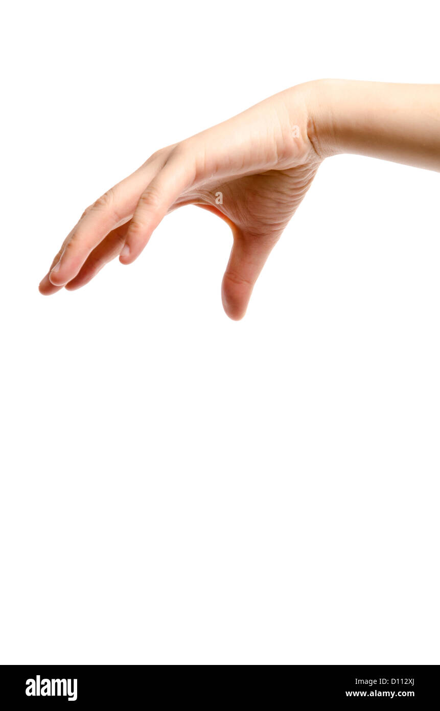 female hand drop or grab round object, isolated on white background ...