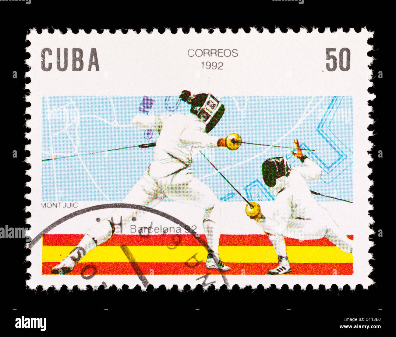 Postage stamp from Cuba depicting a fencing match Stock Photo - Alamy
