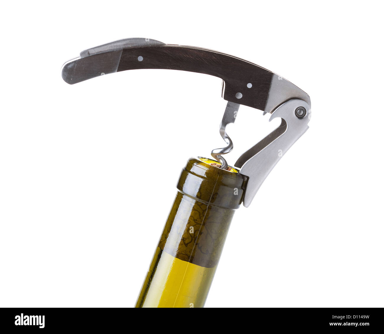 Corkscrew in a wine bottle. Isolated on white background Stock Photo ...