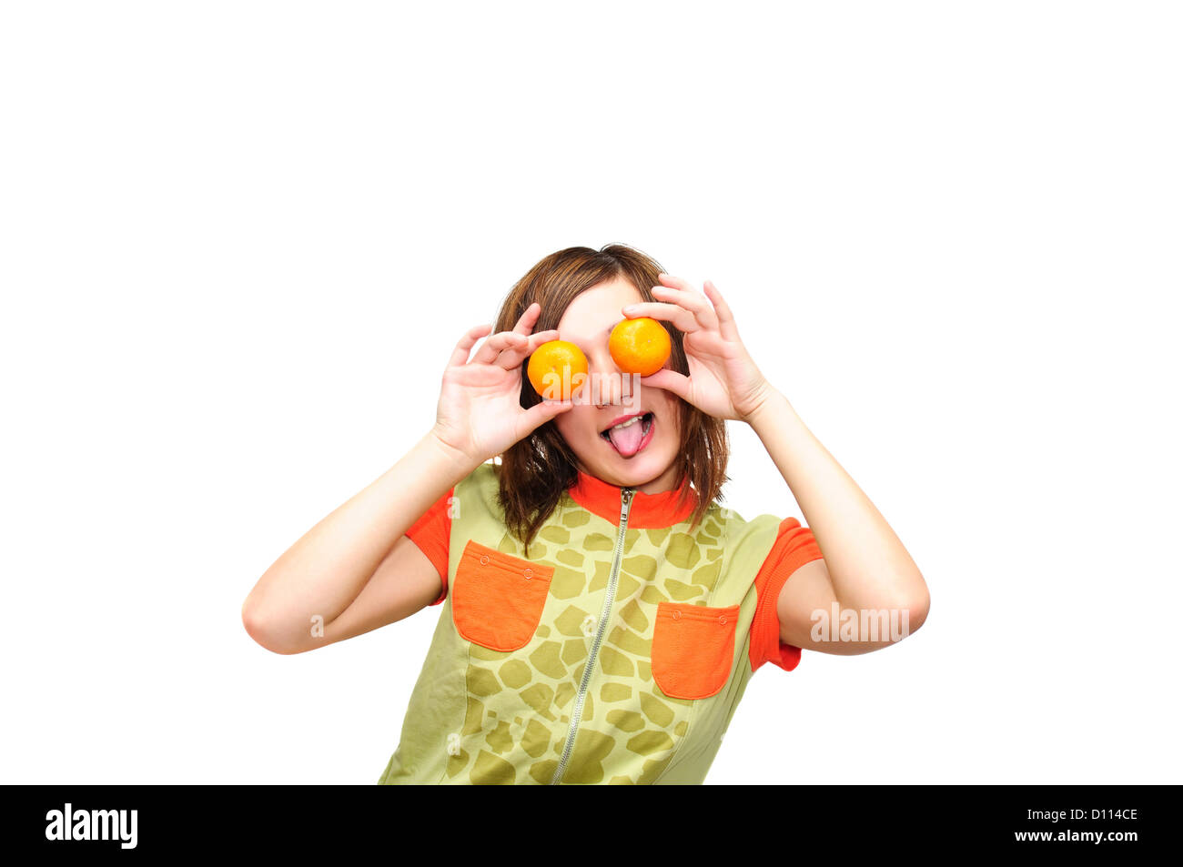 girl with tangerine isolated on white background Stock Photo - Alamy