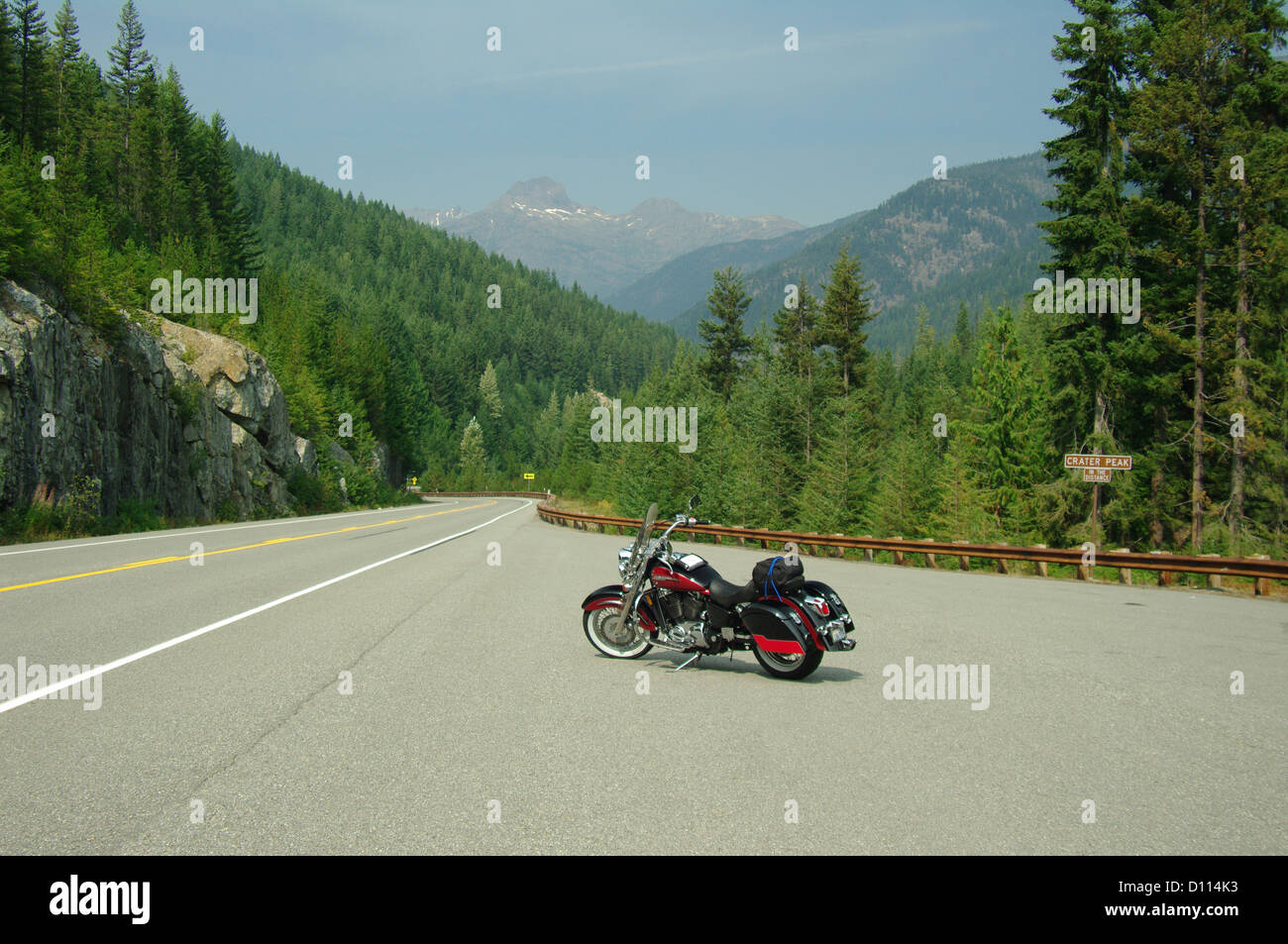 A motorcycle is parked on the roadside on Scenic Highway 20, the ...