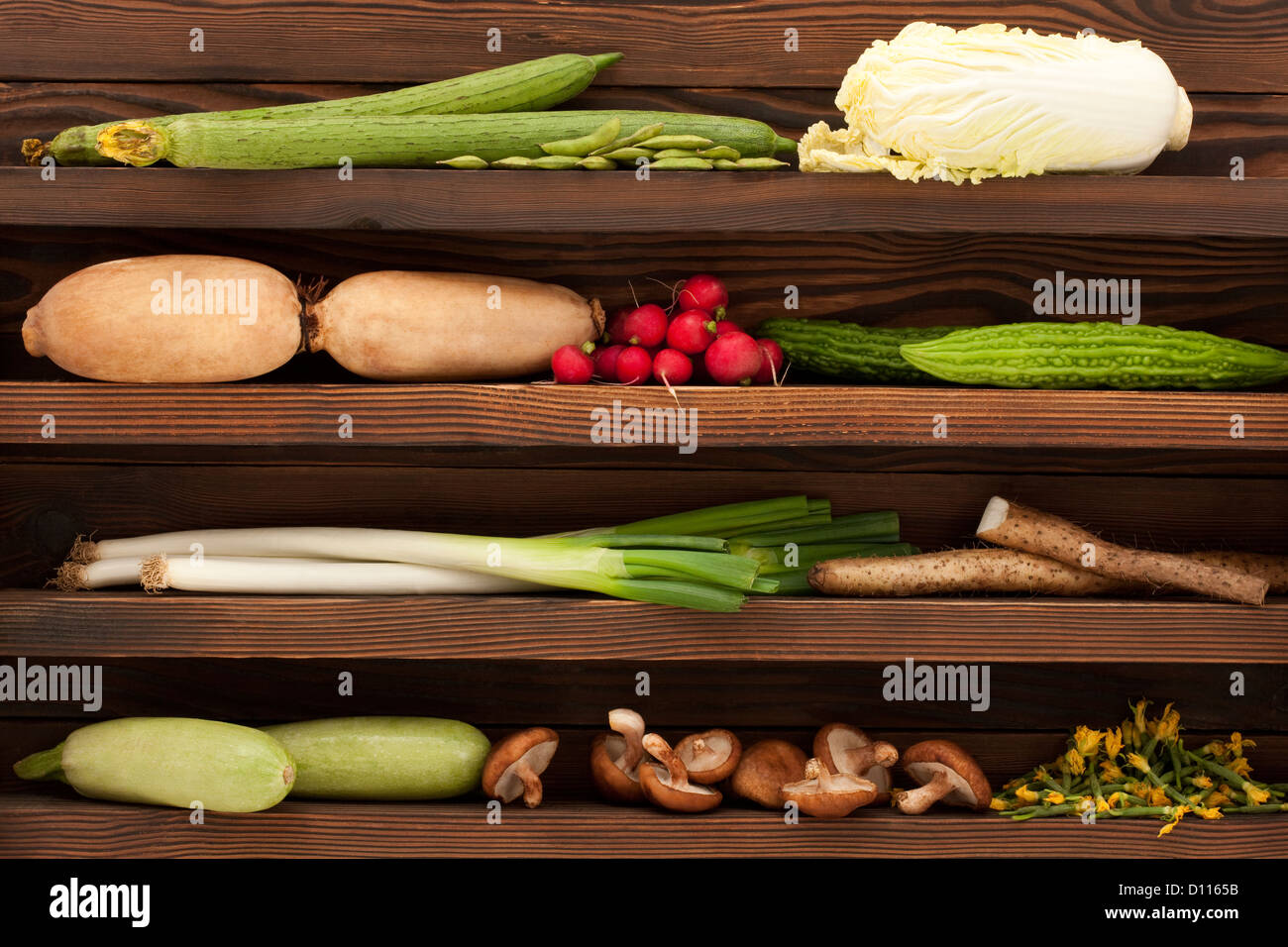 Various fresh vegetables on wooden shelf Stock Photo - Alamy