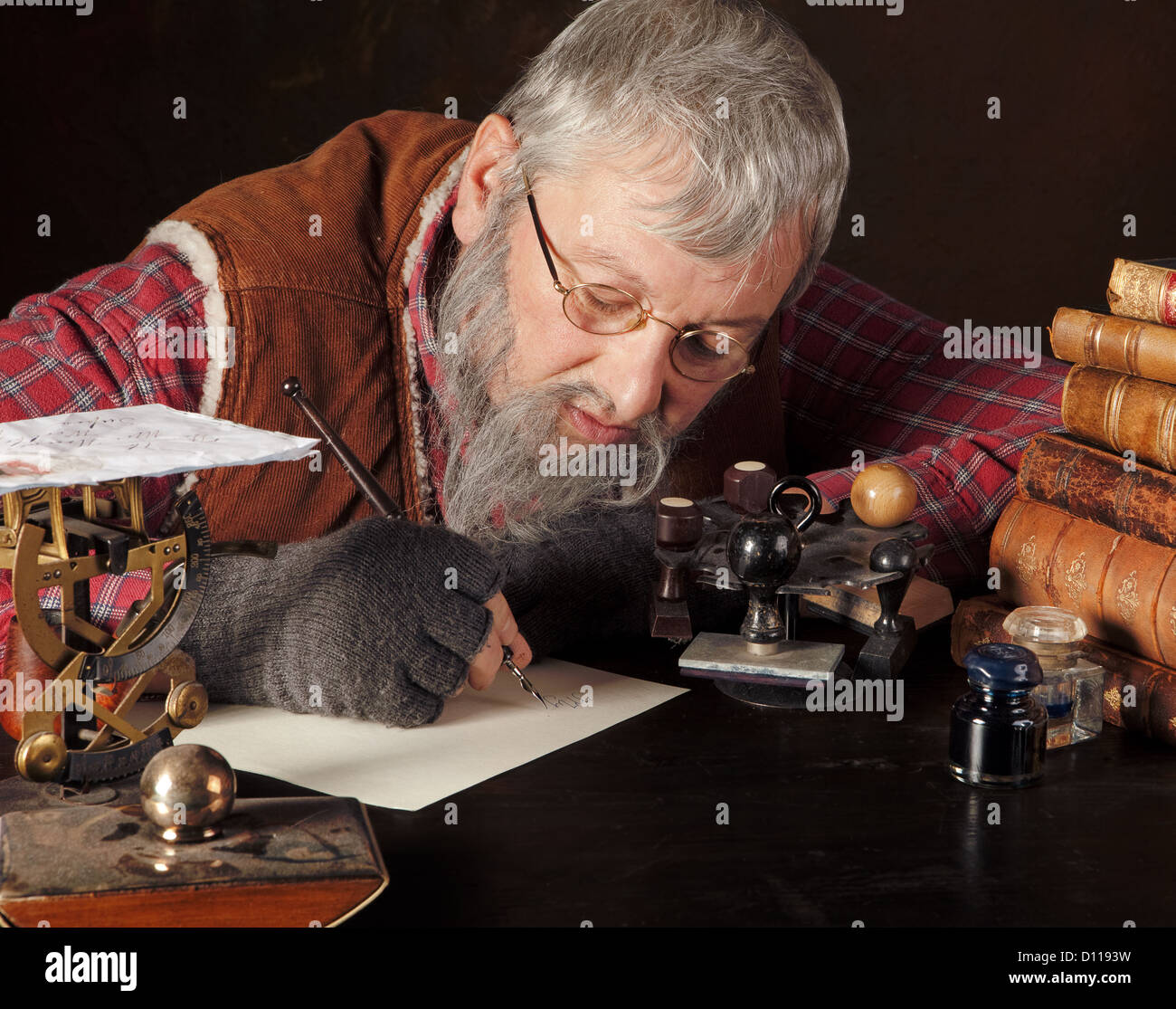 Vintage scene of an old man working in an antique office Stock Photo ...