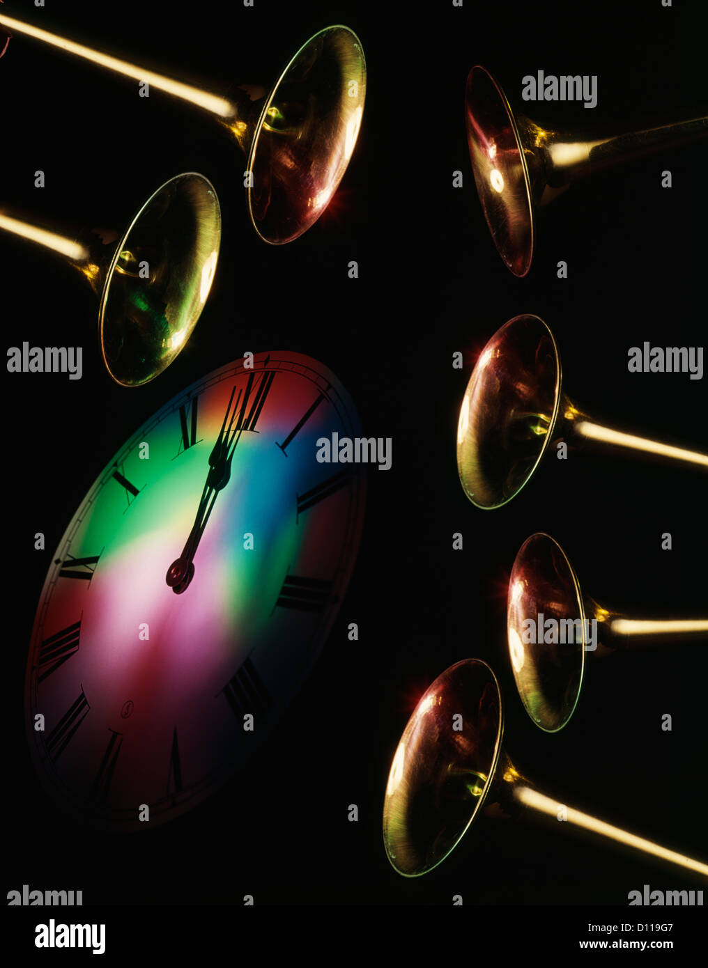 6 BRASS HERALDING HORNS AND CLOCK FACE SHOWING MIDNIGHT ON NEW YEARS ...