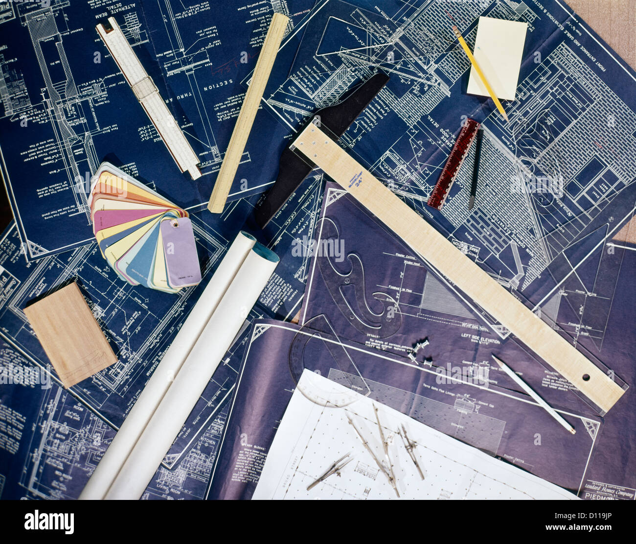 1970s STILL LIFE OF BUILDING BLUEPRINTS SLIDE RULE TEMPLATES COLOR ...