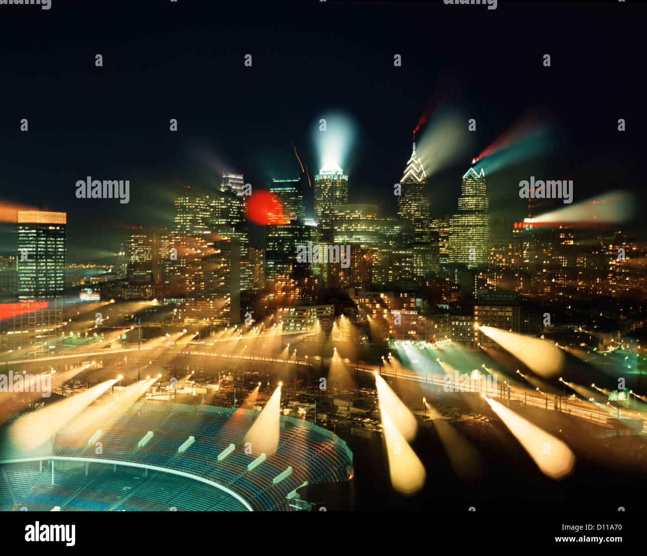 1990s 1990s SKYLINE AT NIGHT WITH ZOOM EFFECT PHILADELPHIA PENNSYLVANIA ...