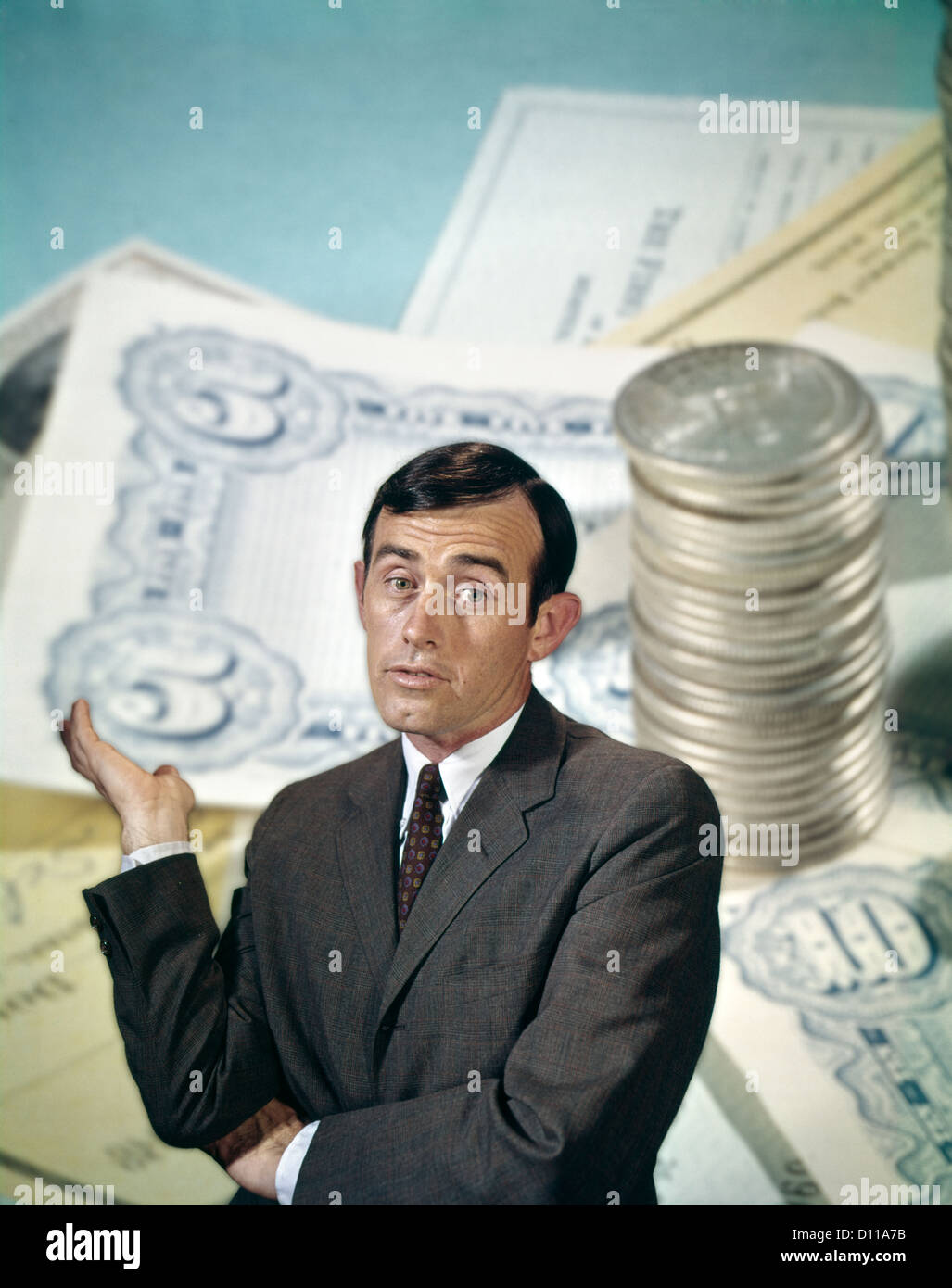 1960s BUSINESSMAN FACIAL EXPRESSION BACKGROUND MONEY CHECKS COINS ...