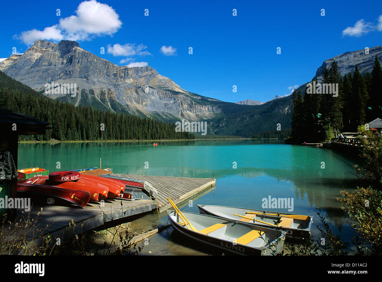 EMERALD LAKE GREEN COLOR IS FROM GLACIAL RUNOFF YOHO NATIONAL PARK ...