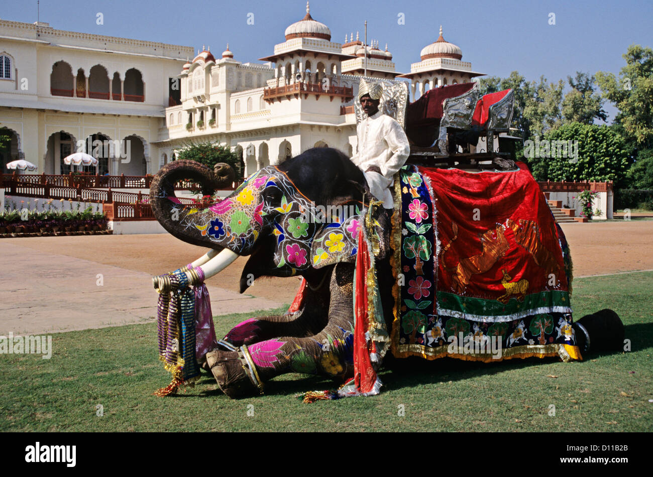1990s JAIPUR RAJASTHAN INDIA DECORATED ELEPHANT RAMBAGH PALACE Stock ...
