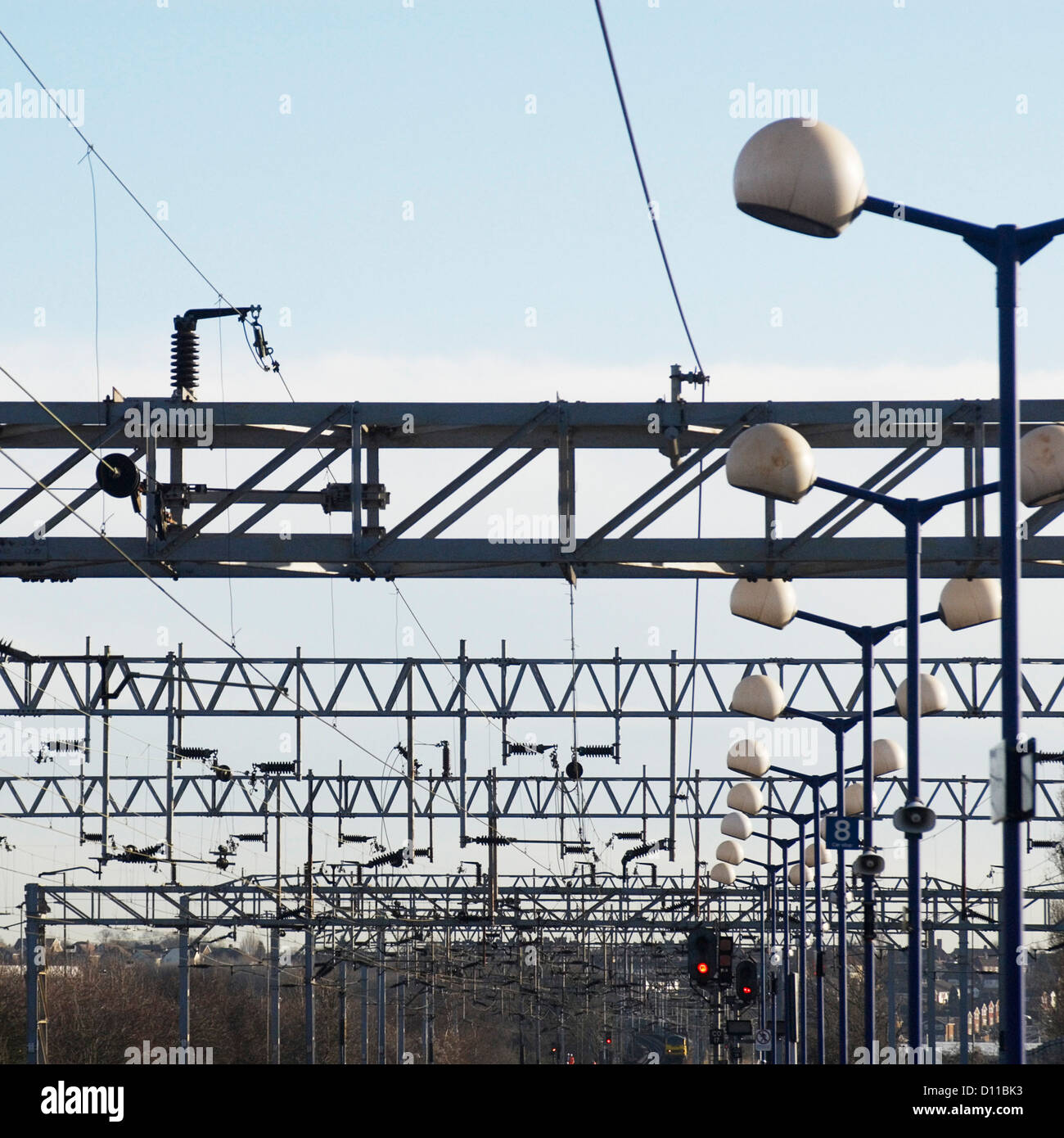 Overhead power lines of railway tracks, Colchester, UK Stock Photo - Alamy