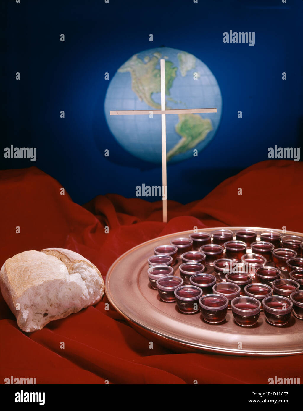 1970s STILL LIFE OF BREAD TRAY COMMUNION WINE GLOBE OF EARTH AND CROSS ...