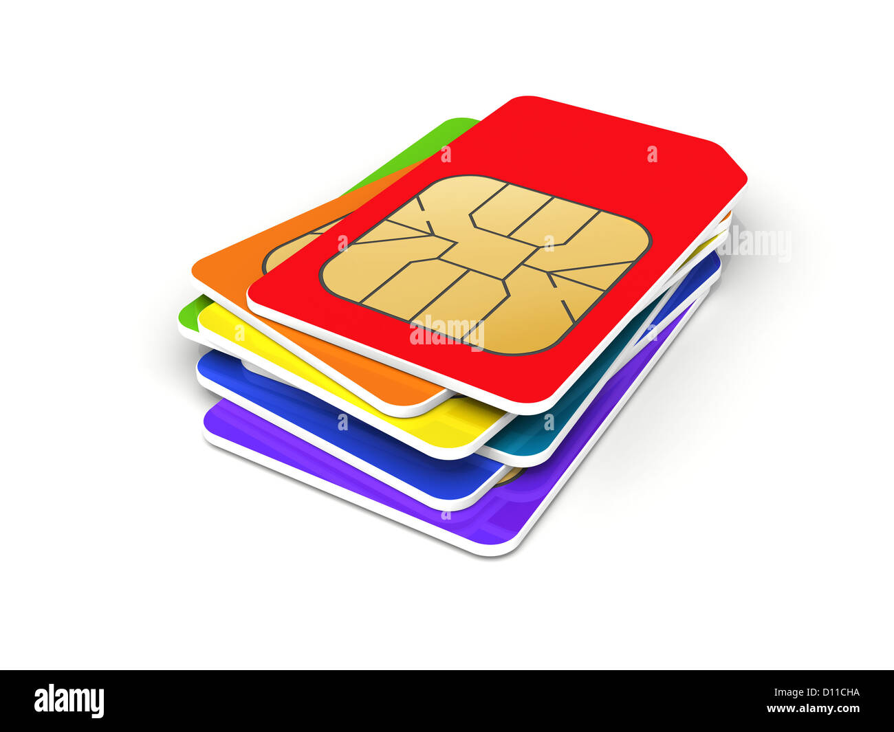 Stack of colorful phone SIM cards isolated on white background. 3d ...