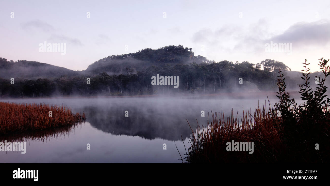 Landscape with dawn mist rising over calm waters of lake and forests at ...
