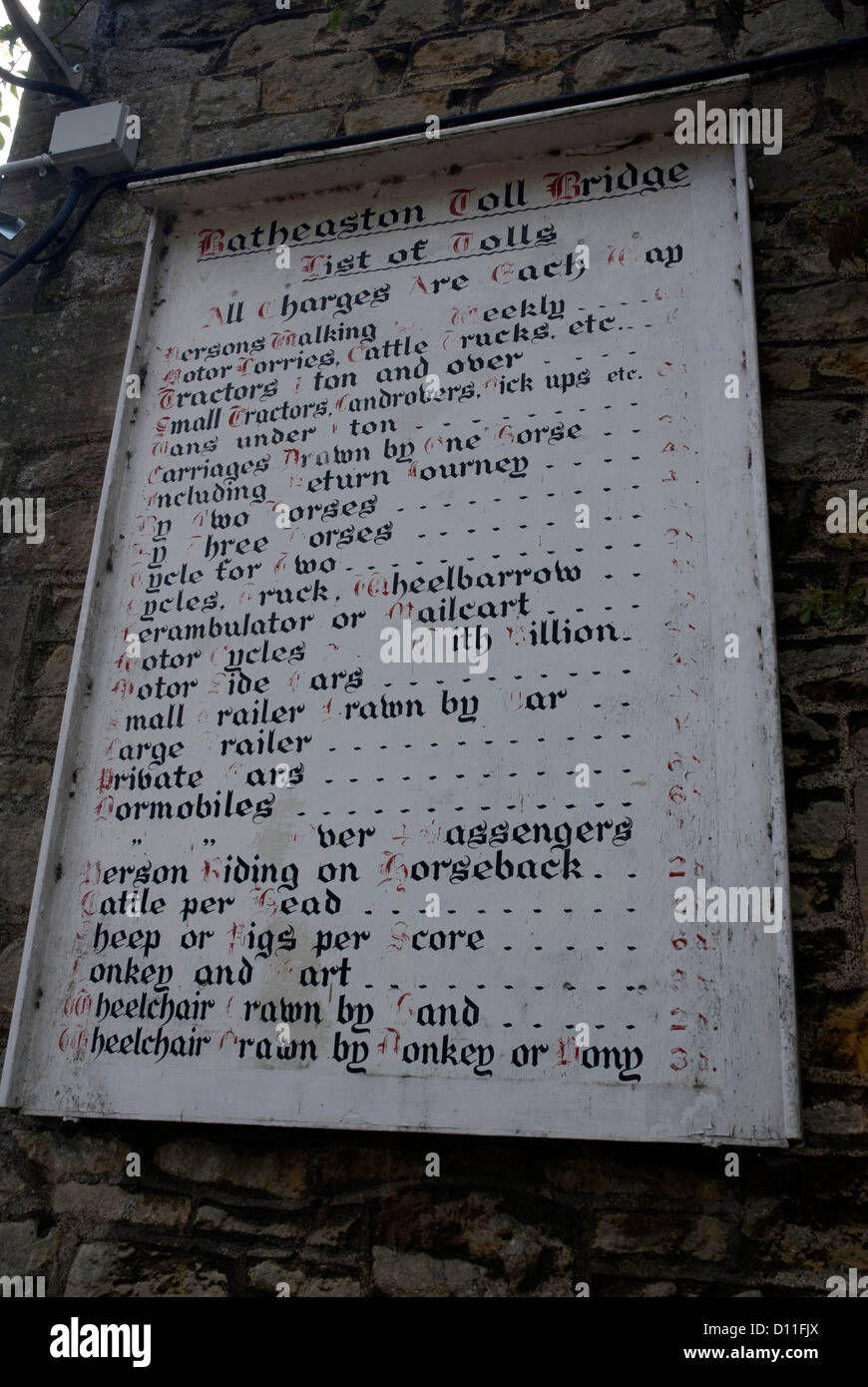 List of toll charges on Batheaston Toll Bridge, Bath Somerset England ...