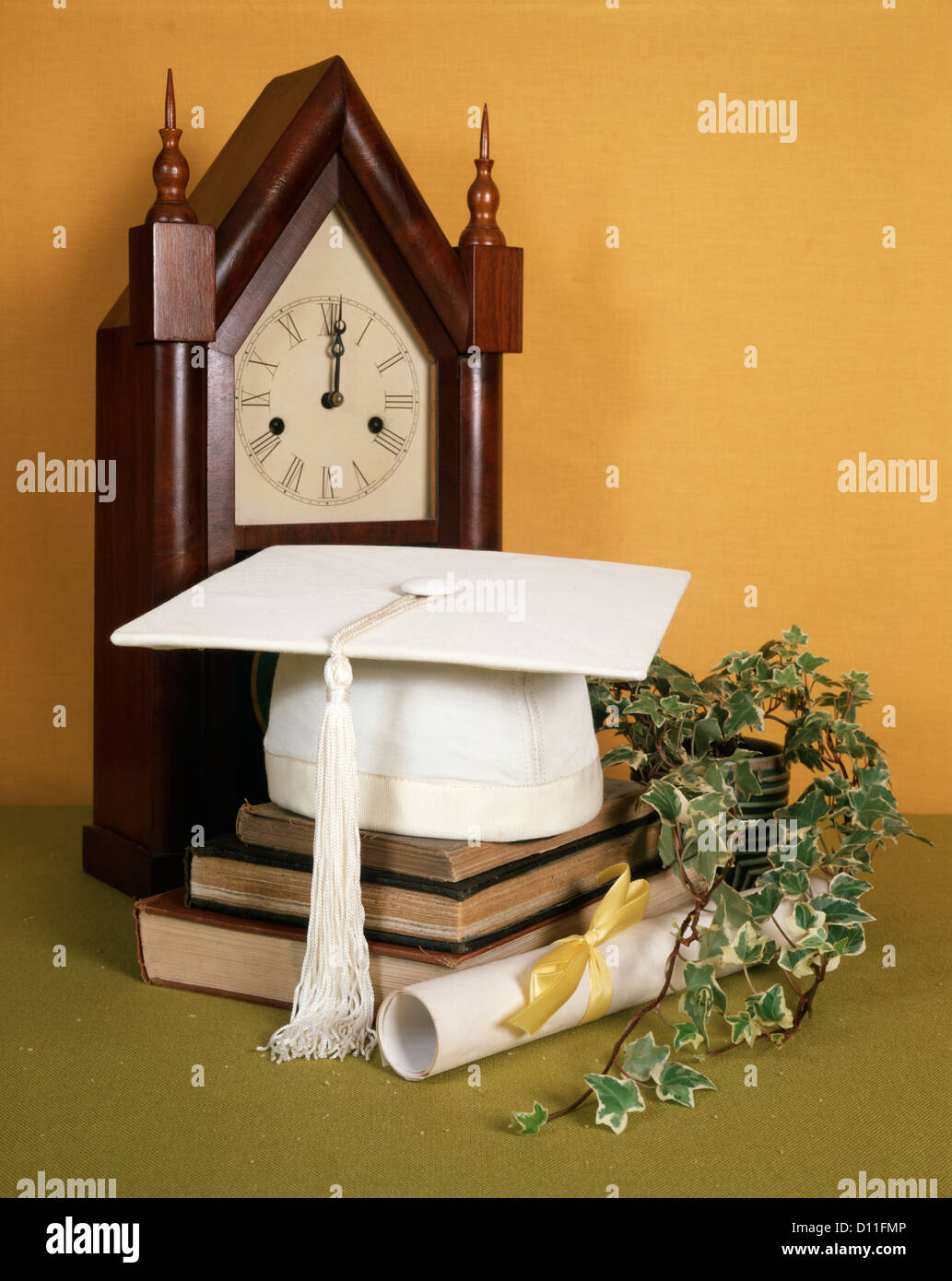 1970s WHITE GRADUATION MORTARBOARD CAP IVY PLANT DIPLOMA AND BOOKS WITH ...