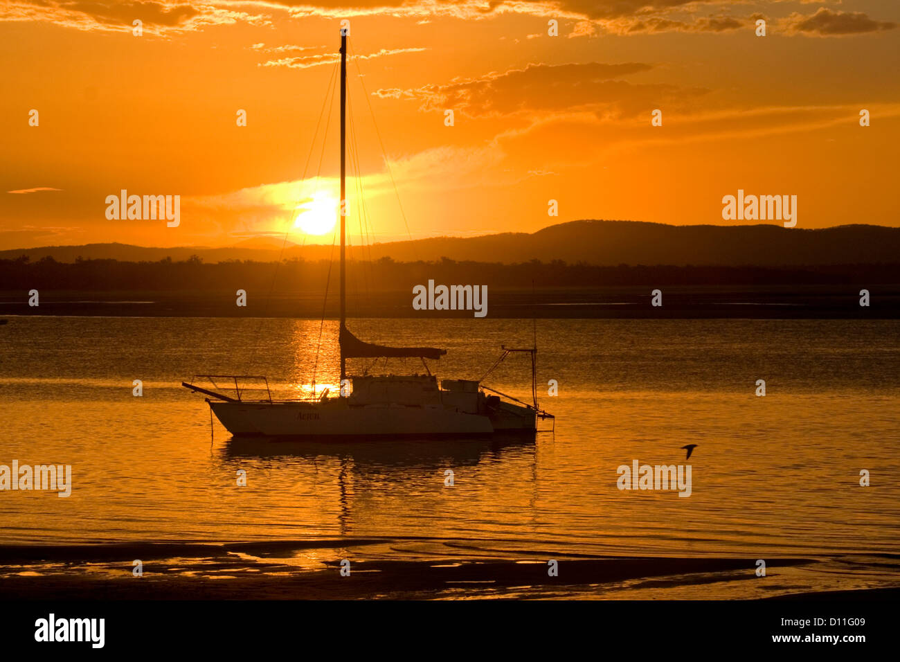 Sunset and boat with golden sky and water of Bustard Bay at coastal ...