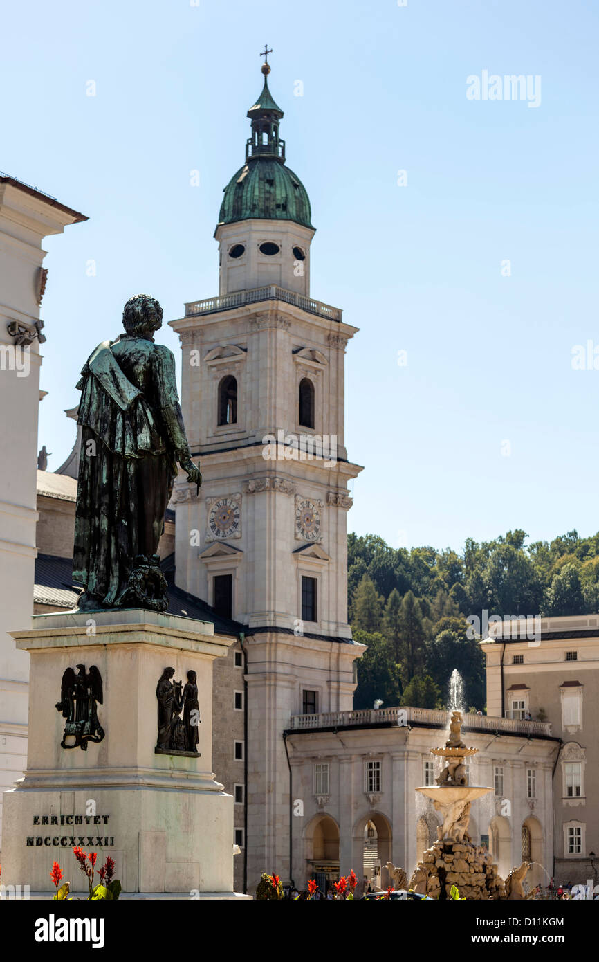 Austria, Salzburg, View of Mozart Square and statue of Mozart, Salzburg ...
