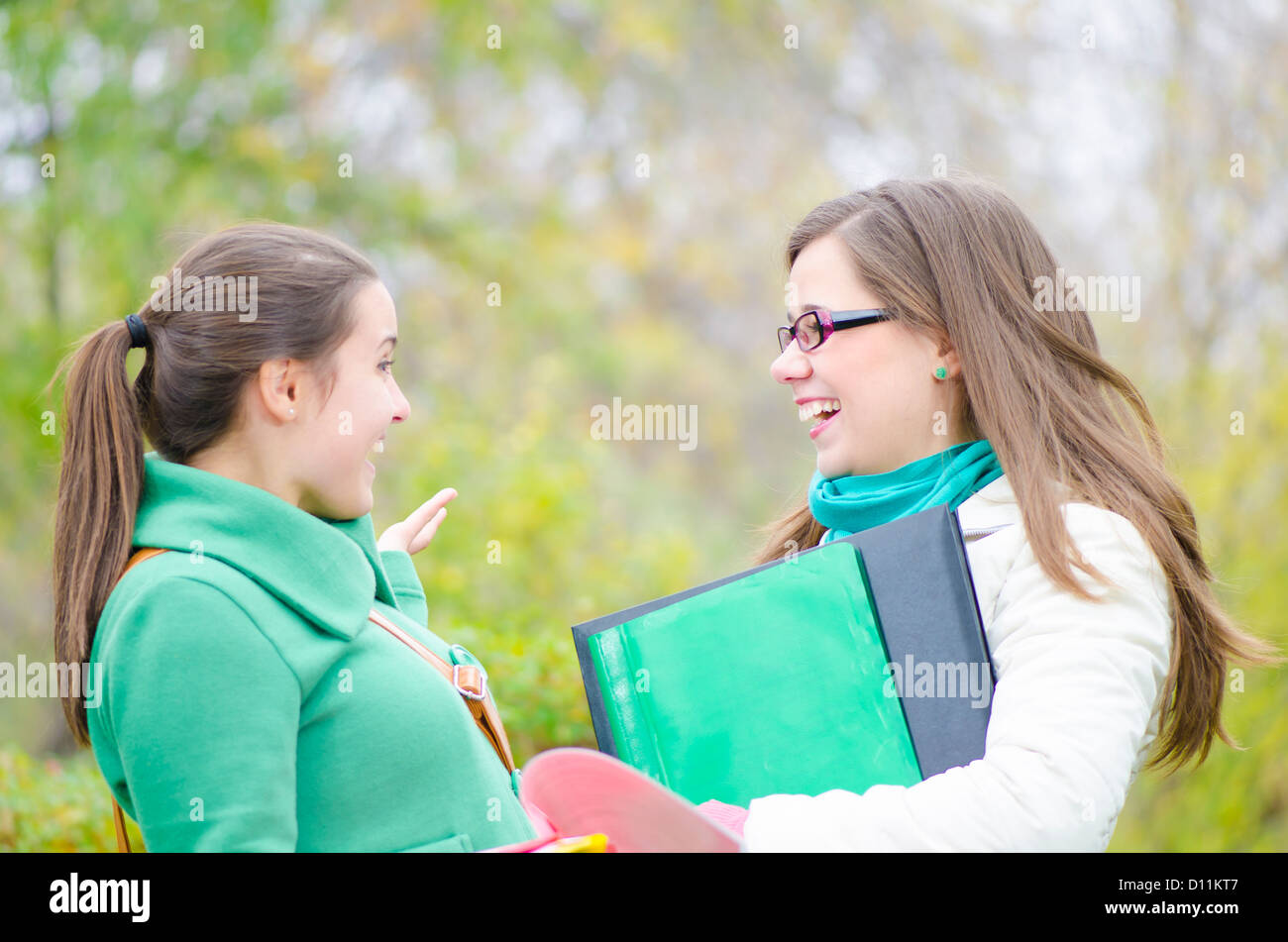 Two Classmates talking in the forest on autumn time Stock Photo - Alamy