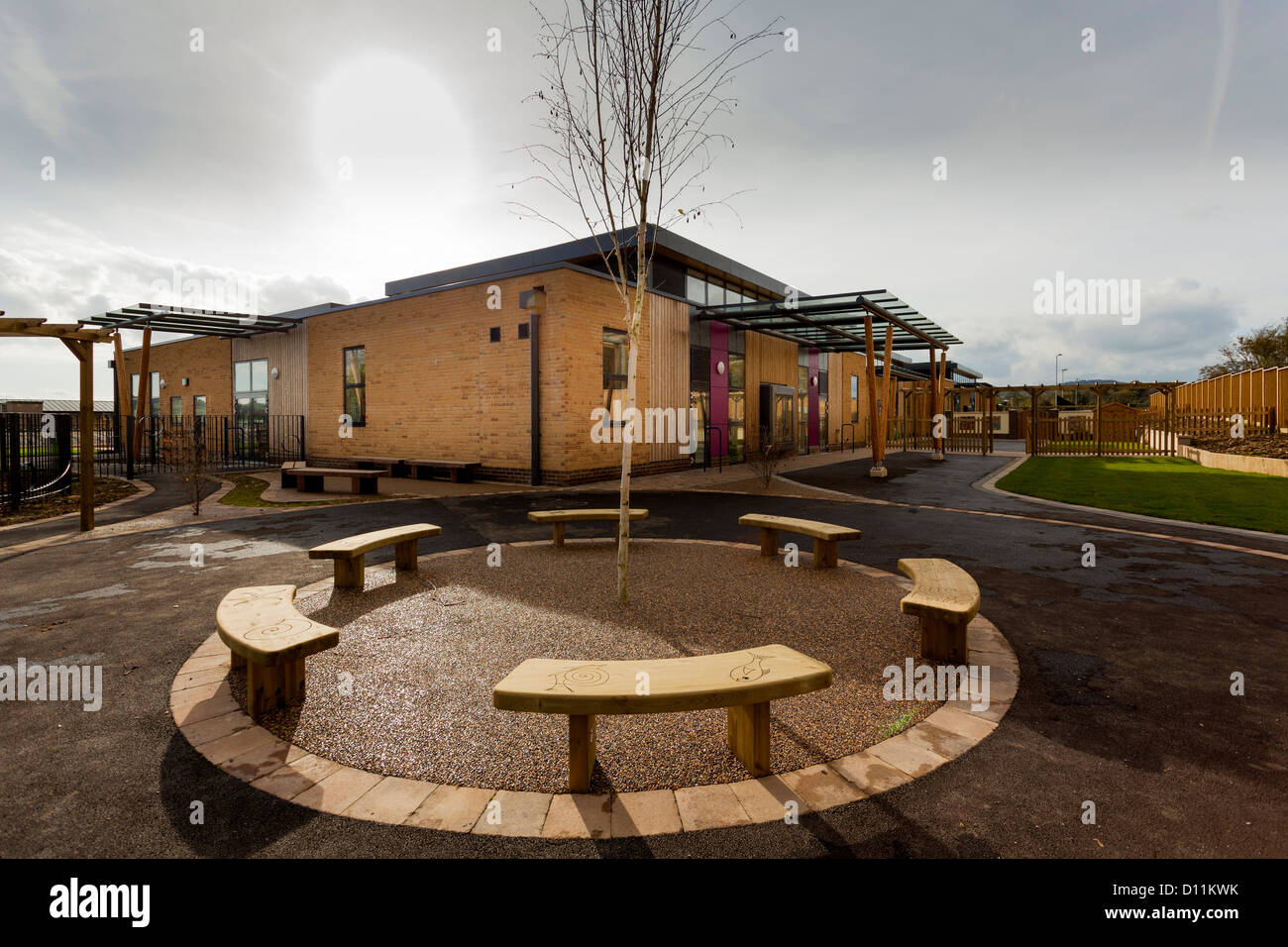 bench seats in playgrouns at Mountjoy School, Beaminister Stock Photo ...
