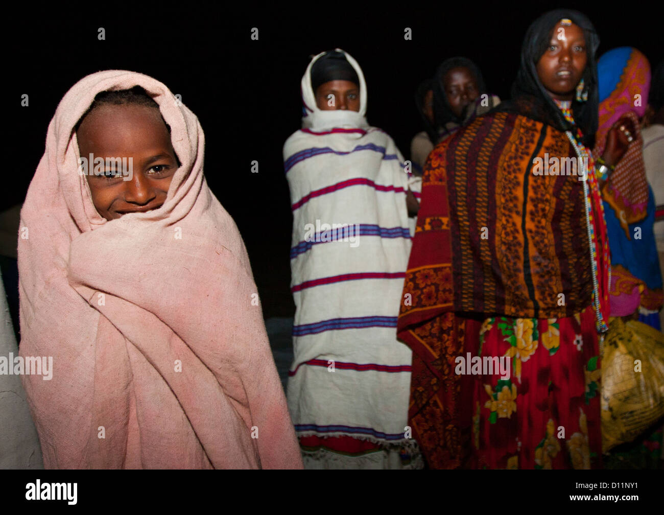 Night Shot Of Karrayyu Tribe Teenage Girls In Colourful Clothes During Gadaaa Ceremony Metahara