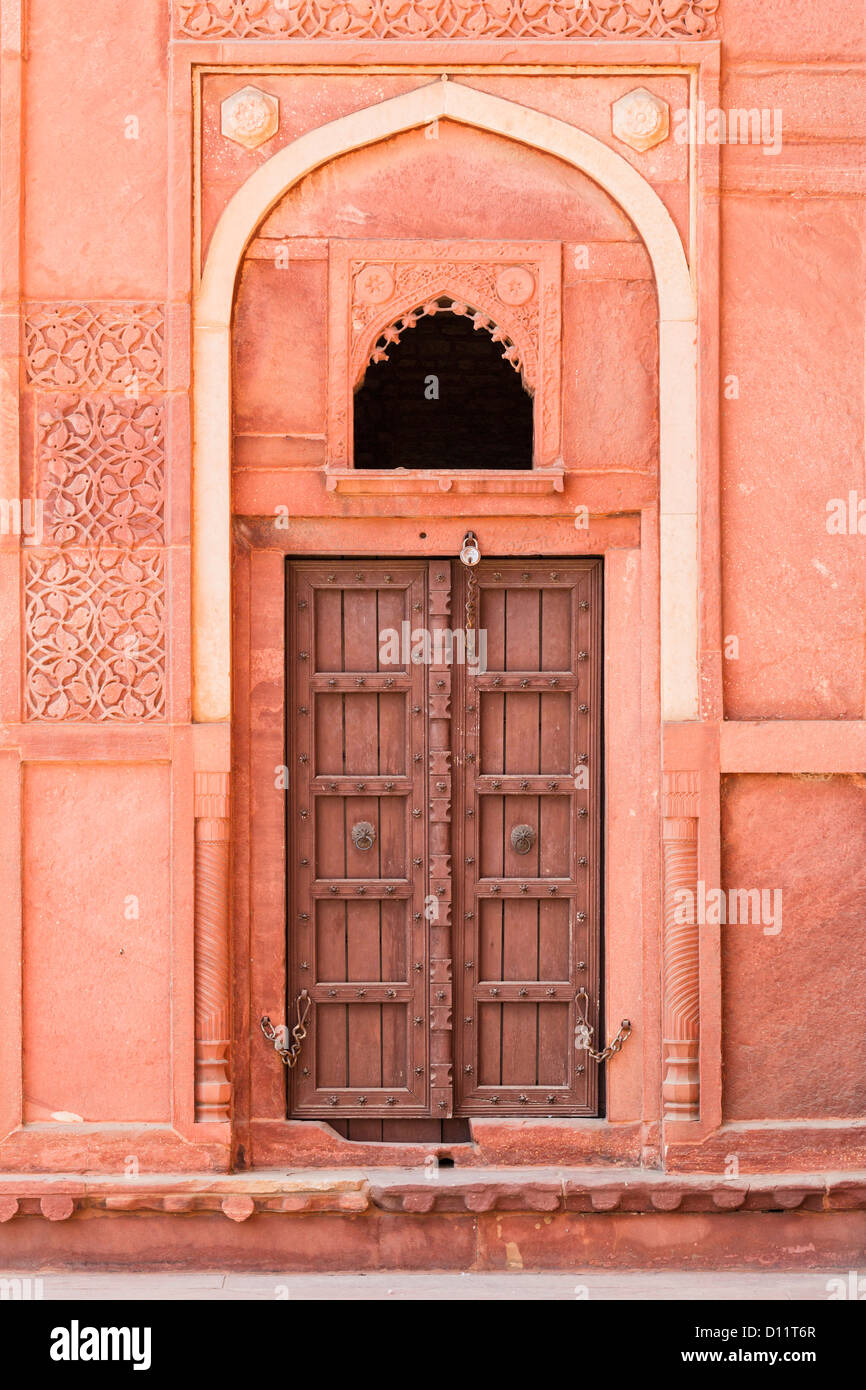 India, Uttar Pradesh, Agra, View of wooden door Red Fort Stock Photo ...