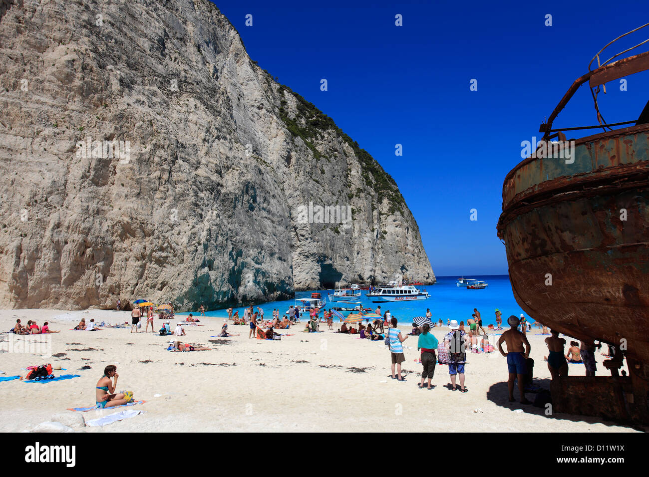 View of Navagio Beach also known as Shipwreck Cove or Smugglers bay ...