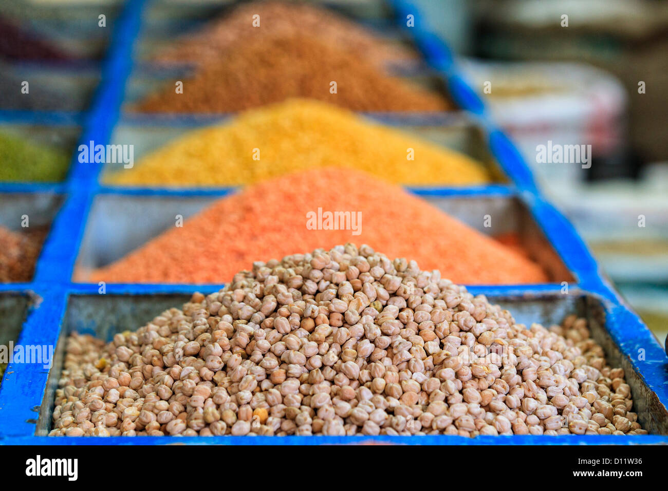 India, Uttarakhand, Rishikesh, Various lentils in box, close up Stock ...