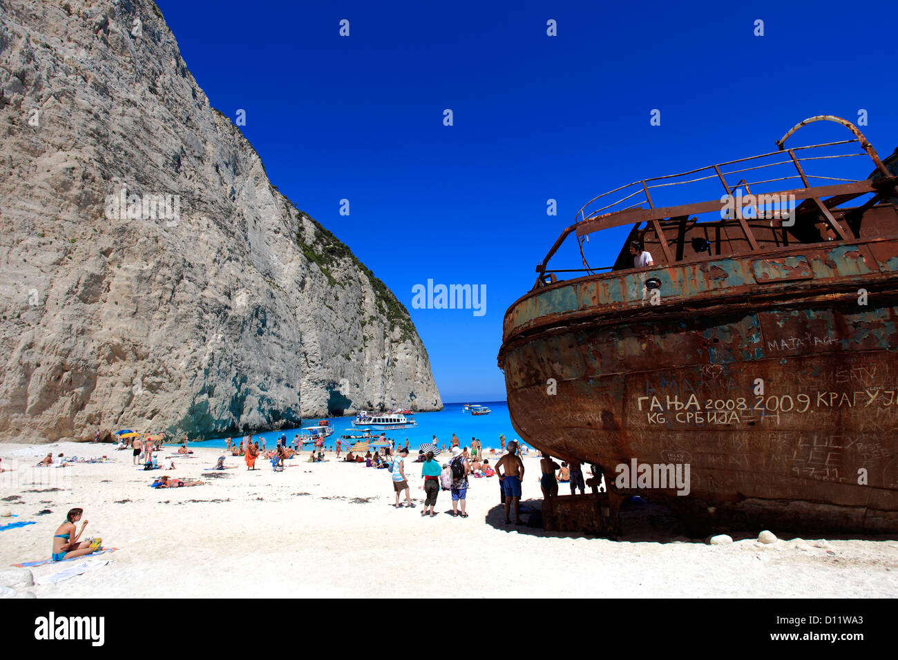View of Navagio Beach also known as Shipwreck Cove or Smugglers bay ...
