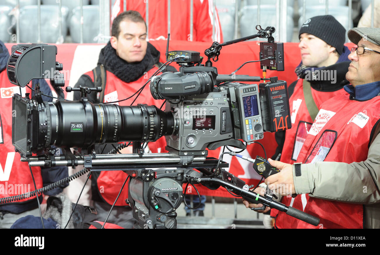 A 4k video camera records a German Bundesliga match between Munich and ...