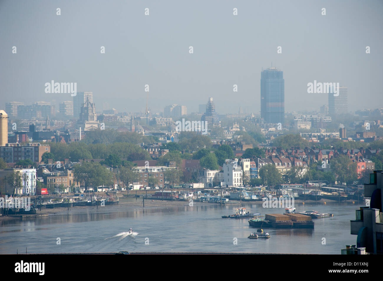 Hazy Aerial Views of The River Thames and Chelsea Embankment, London ...