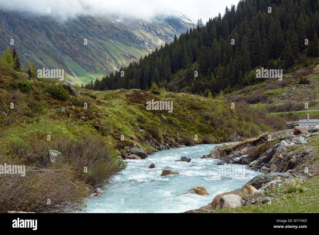 Summer mountain landscape with alpine river (Silvretta Alps, Austria ...