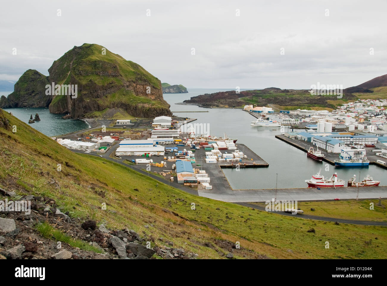 Heimaklettur and Vestmannaeyjar Harbor Heimaey Island Iceland Europe ...