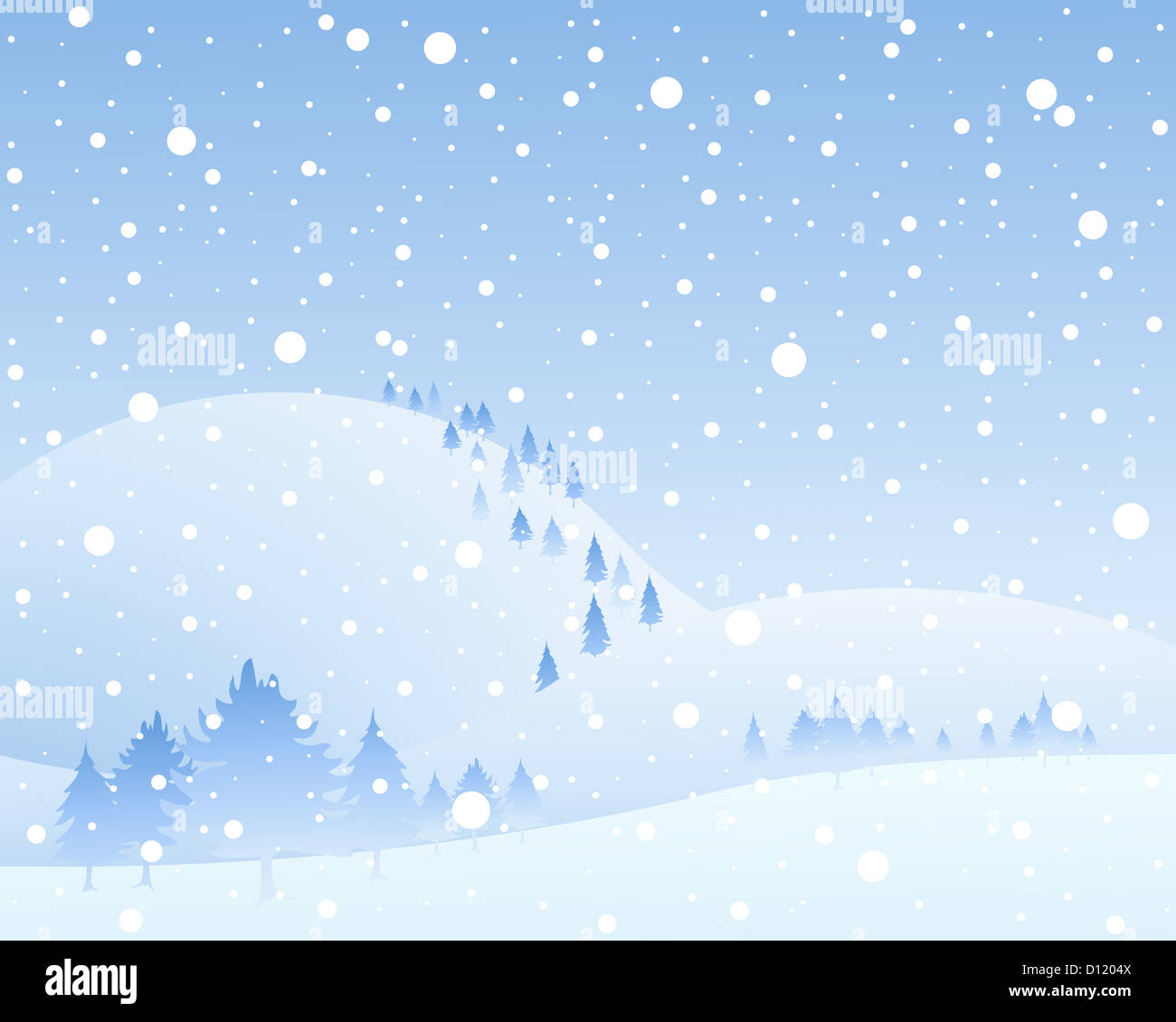 an illustration of a frozen landscape with snow covered hills and fir ...