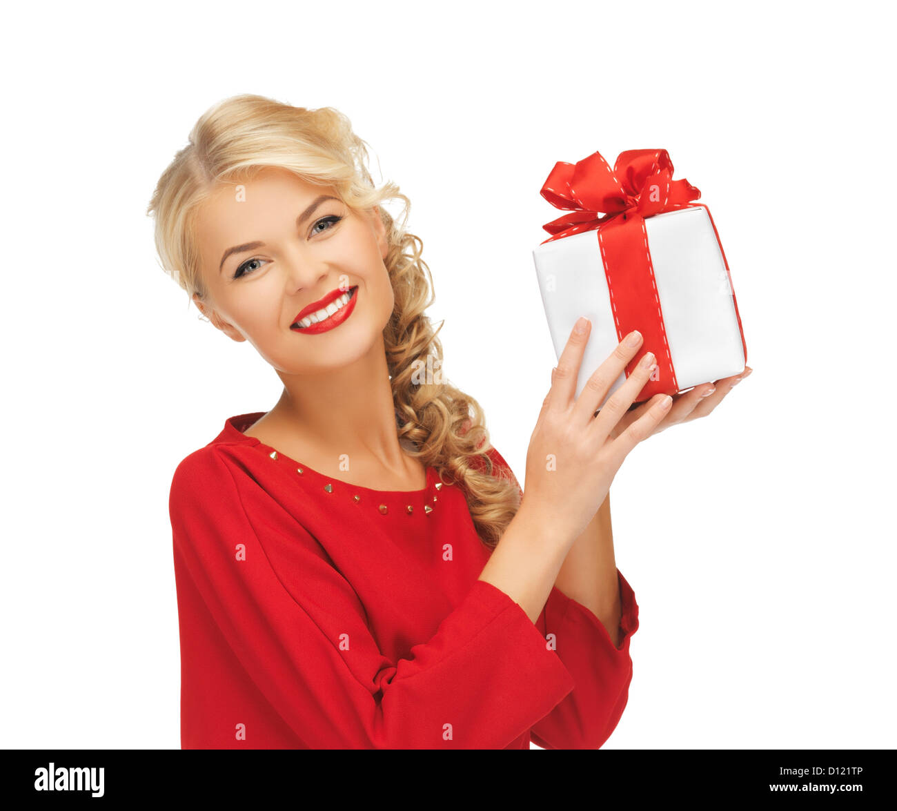 lovely woman in red dress with present Stock Photo - Alamy