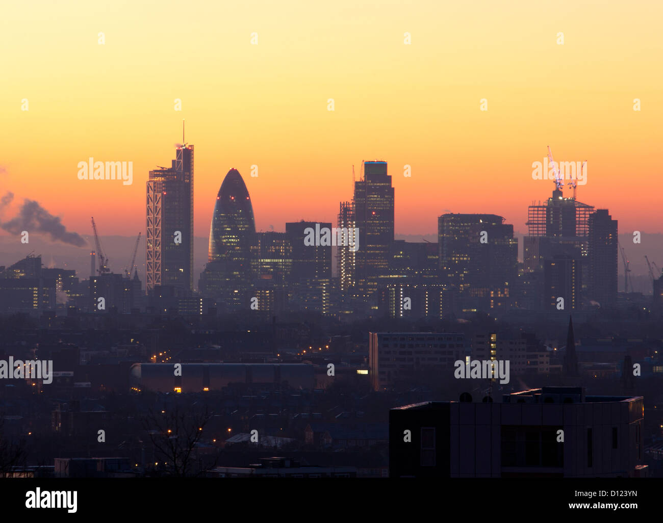 London city skyline from Archway bridge at dawn showing City, Gherkin ...