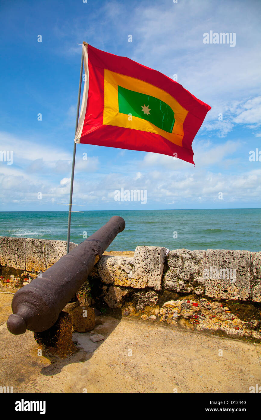 Flag Of Colombia Over Cannon On Cartagena City Wall; Cartagena Colombia ...