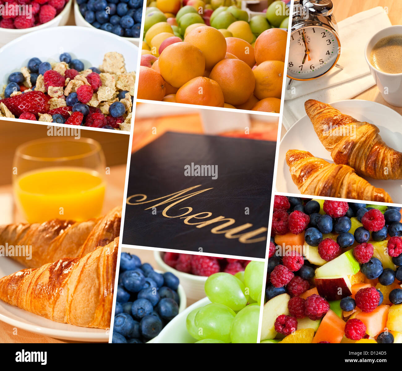 Montage of menu & macro photographs of fresh food, fruit and breakfast ...