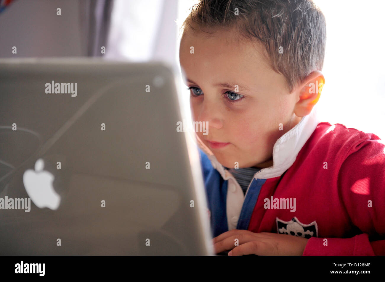 A young boy using an Apple laptop Stock Photo - Alamy