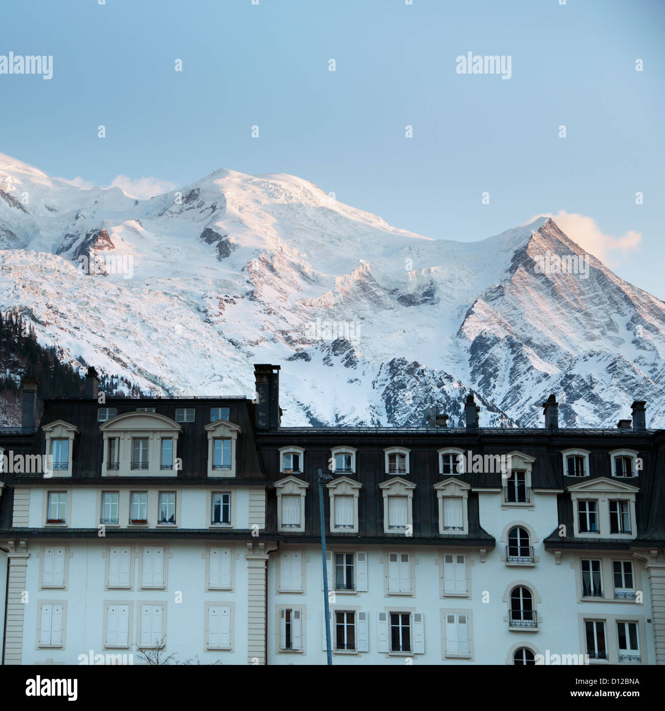 A Hotel With The Snowy French Alps In The Background; Chamonix-Mont ...
