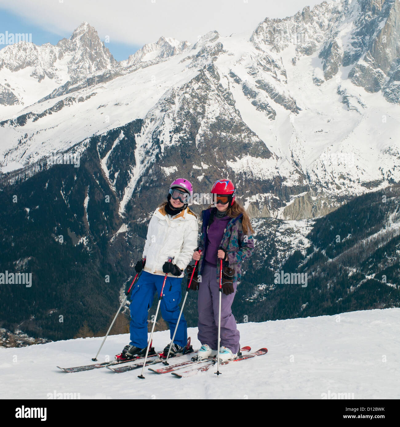 Two Girls Skiing In The French Alps; Chaminox-Mont-Blanc Rhone-Alpes ...