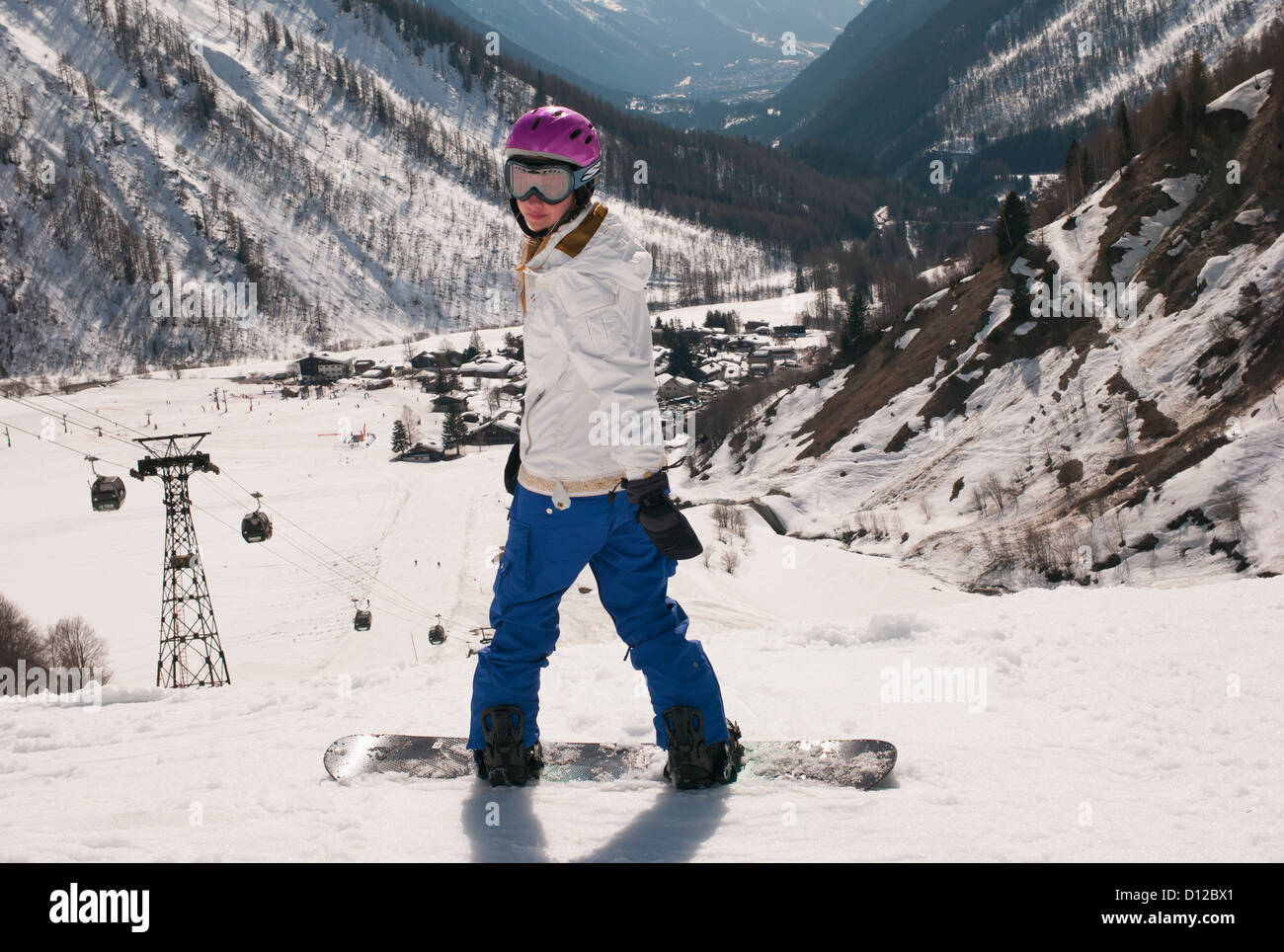 A Girl Snowboarding In The French Alps; Chaminox-Mont-Blanc Rhone-Alpes ...