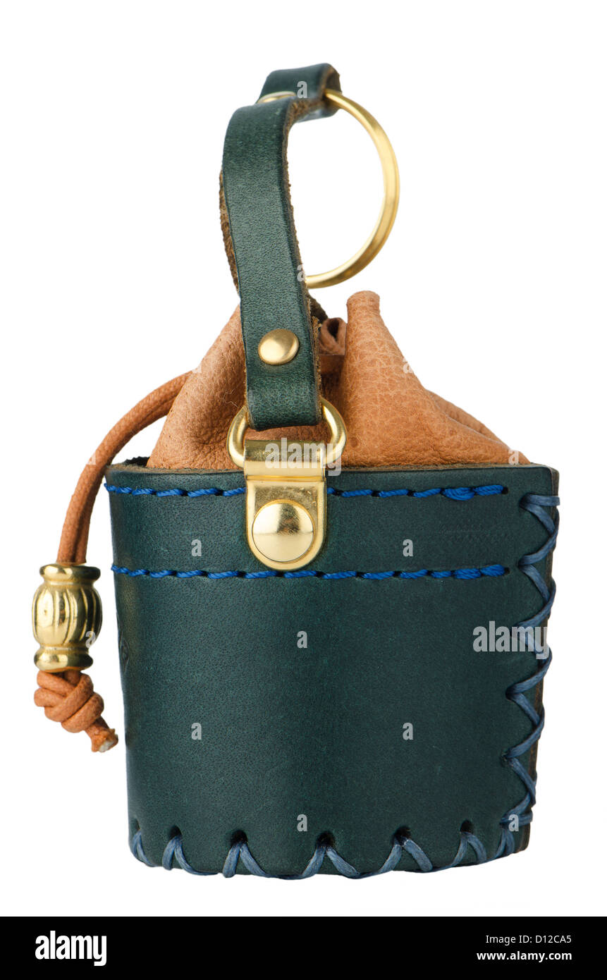 Leather keychain, blue bag miniature, isolated on white background ...