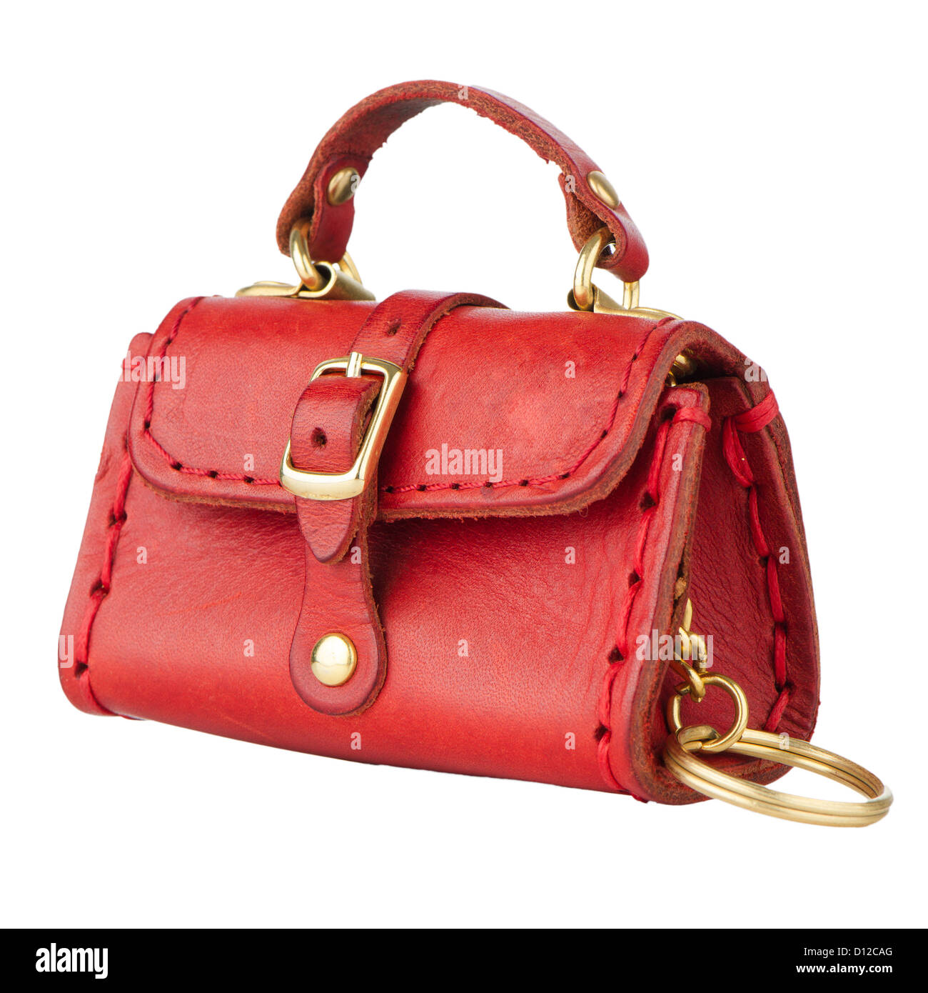 Leather keychain, red bag miniature, isolated on white background Stock ...