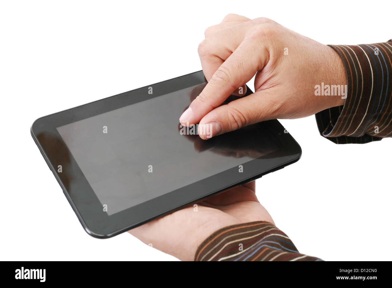 Man hands are pointing on touch screen device Stock Photo - Alamy