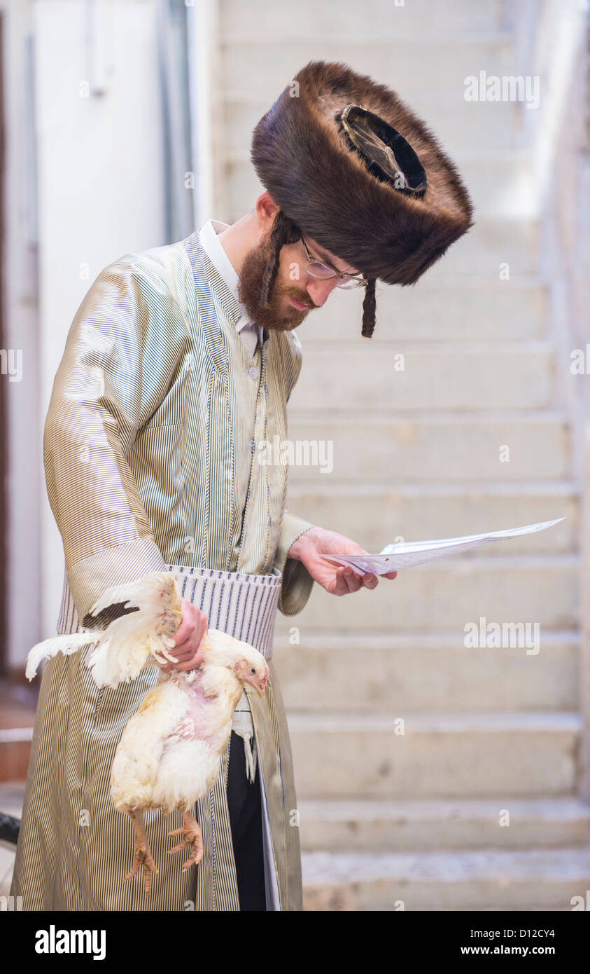 An ultra Orthodox Jewish man prays with a chicken during the Kaparot ...