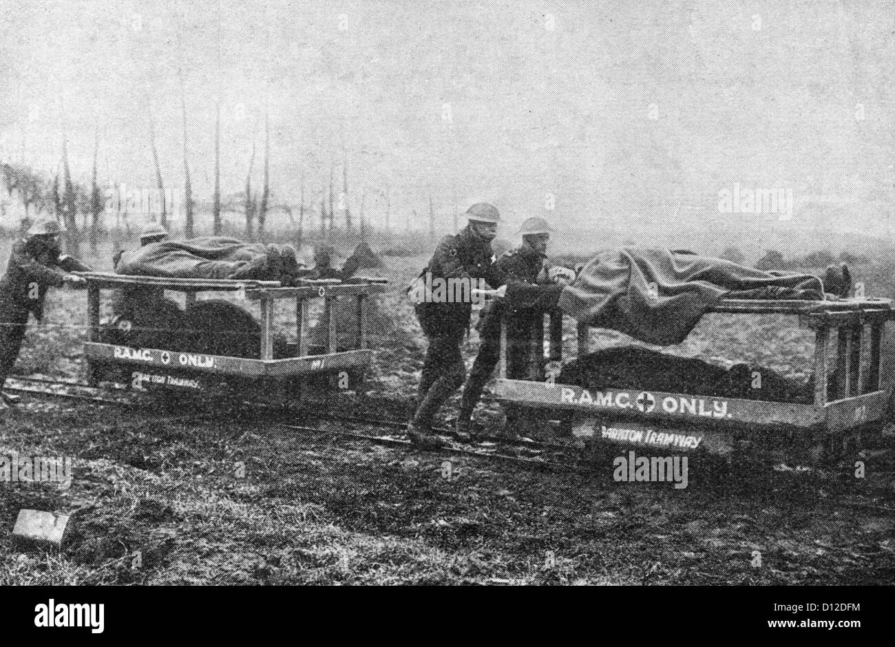 Ambulances being pushed long train tracks during World War I Stock ...