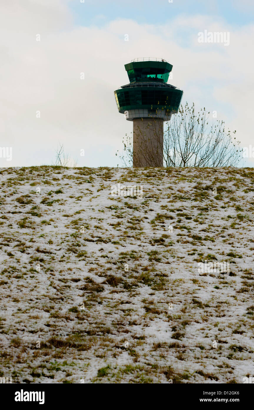 Control tower Stansted Airport in winter with dusting of snow Stock ...